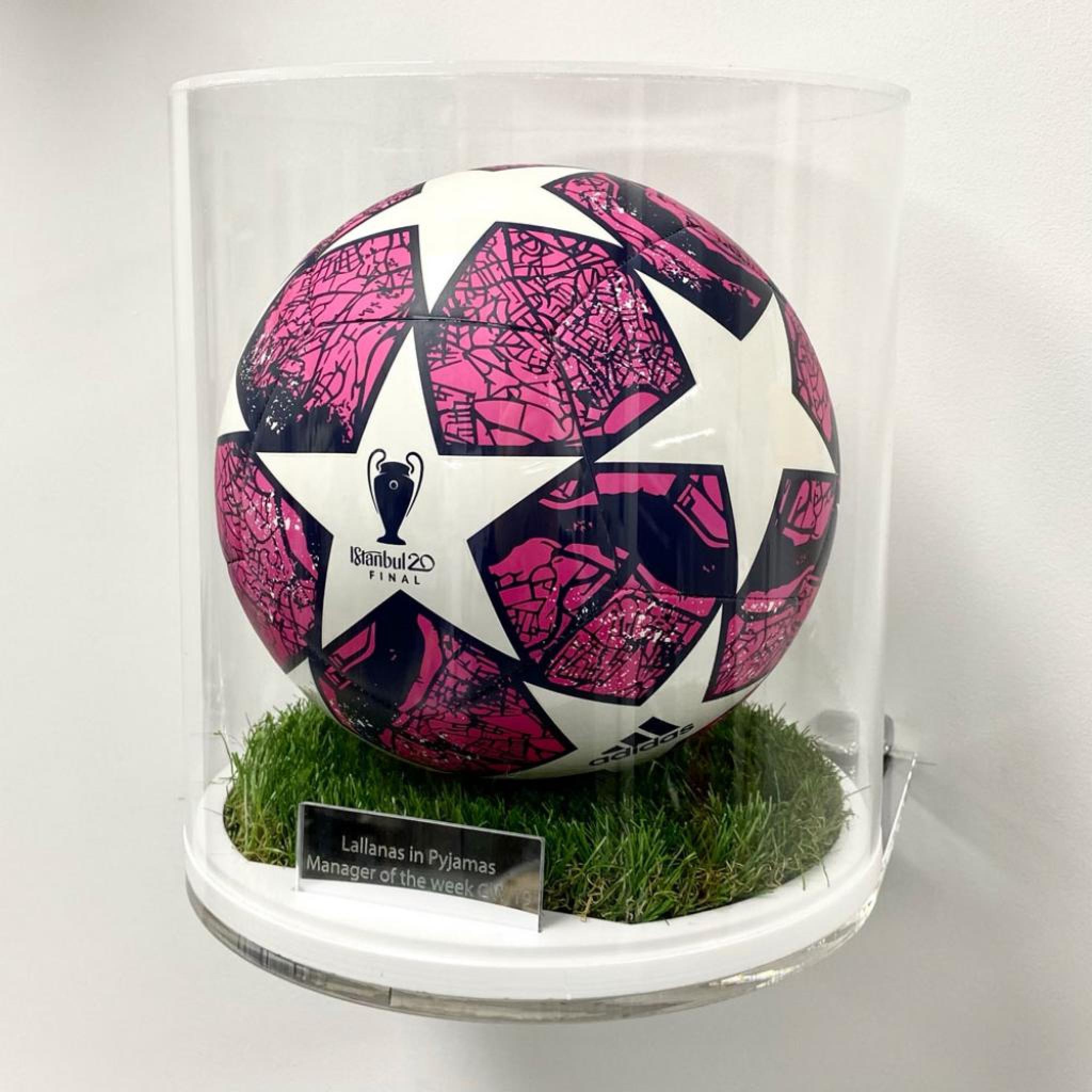 Cylindrical Football Display Case - Grass Effect Base | Puffin Plastics